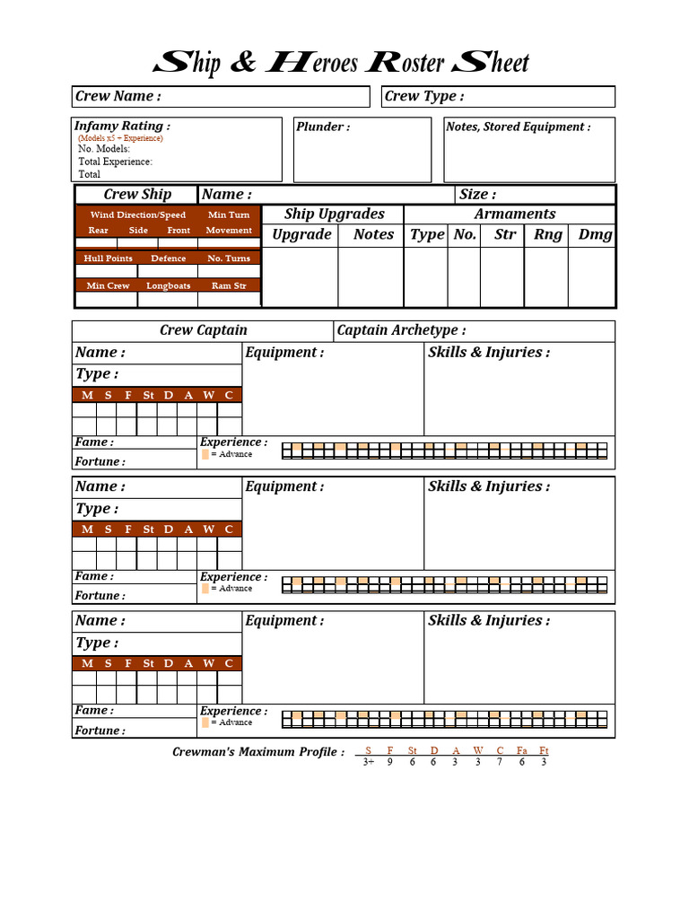 Crew Roster Sheet - Ship, Captain & Heroes | PDF