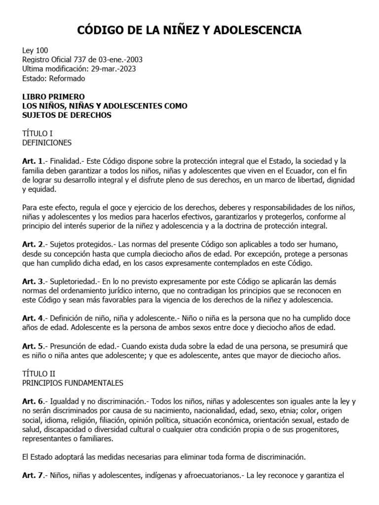 Codigo de La Ninez y Adolescencia 2023 | PDF | Abuso infantil | Invalidez