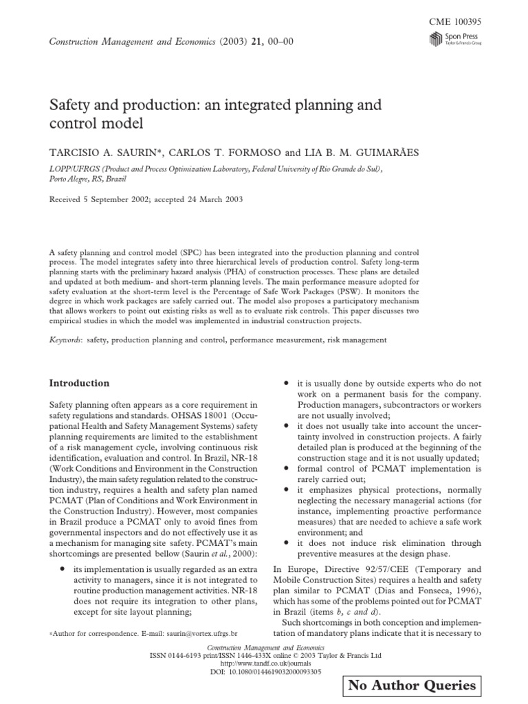 203 - Safety and Production An Integrated Planning and Control Model | PDF | Risk | Safety