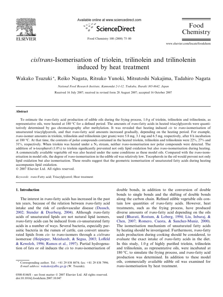 Cistrans-Isomerisation of Triolein, Trilinolein and Trilinolenin | PDF ...