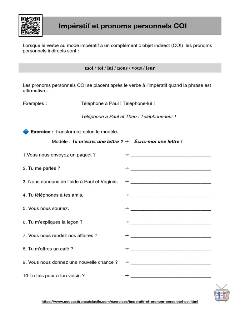 22-Impératif Et Pronoms Personnels COI | PDF | Complément d'objet | Échecs
