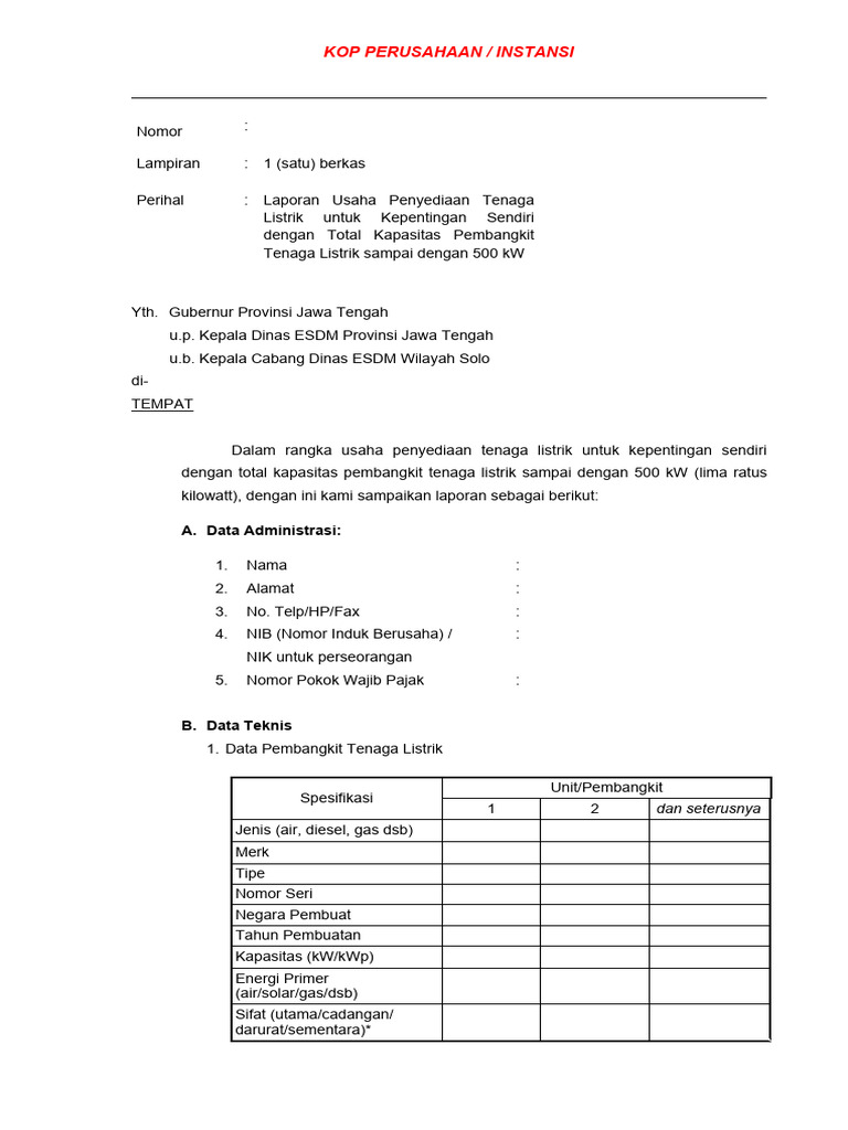 Format Laporan Penyediaan Tenaga Listrik 500kW (Terbaru) - 2 | PDF