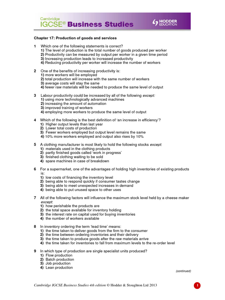 IGCSE Business 17 Test | PDF | Inventory | Lean Manufacturing