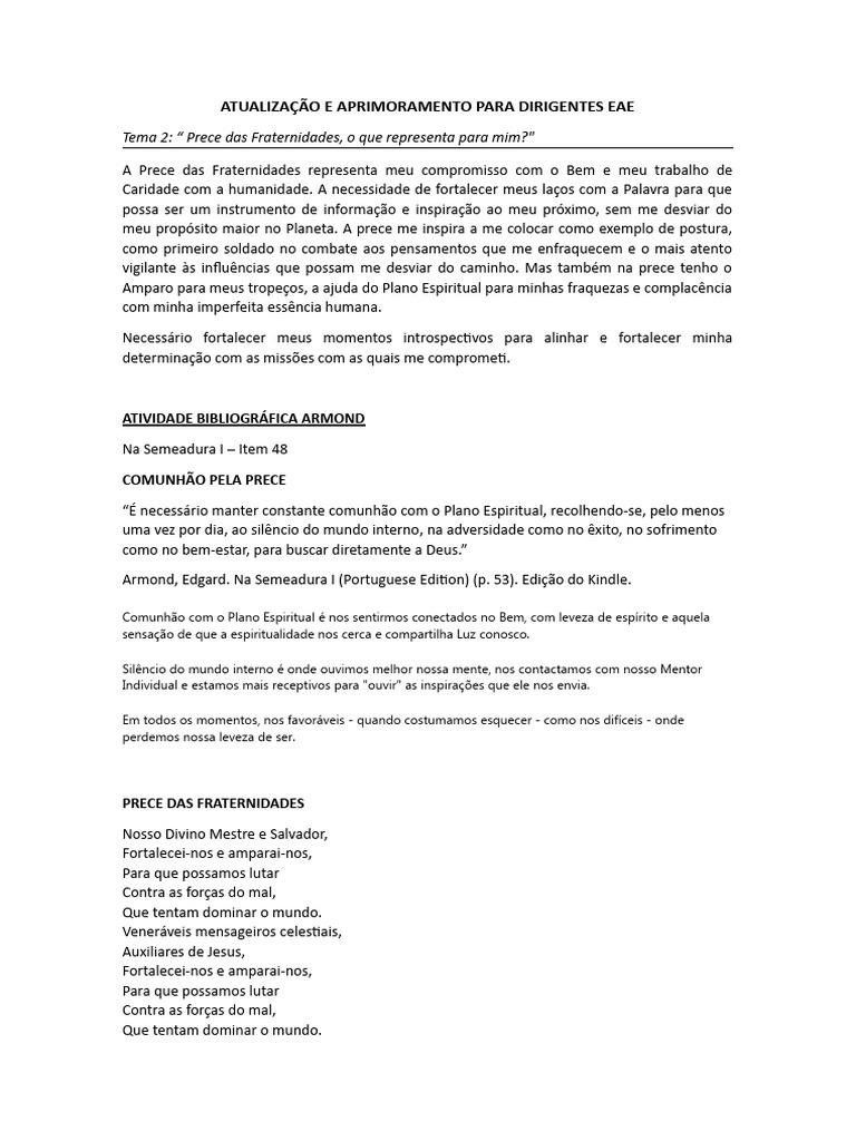 Tema 2 Prece Das Fraternidades, o Que Representa para Mim 1 | PDF | Filosofia | Autoajuda