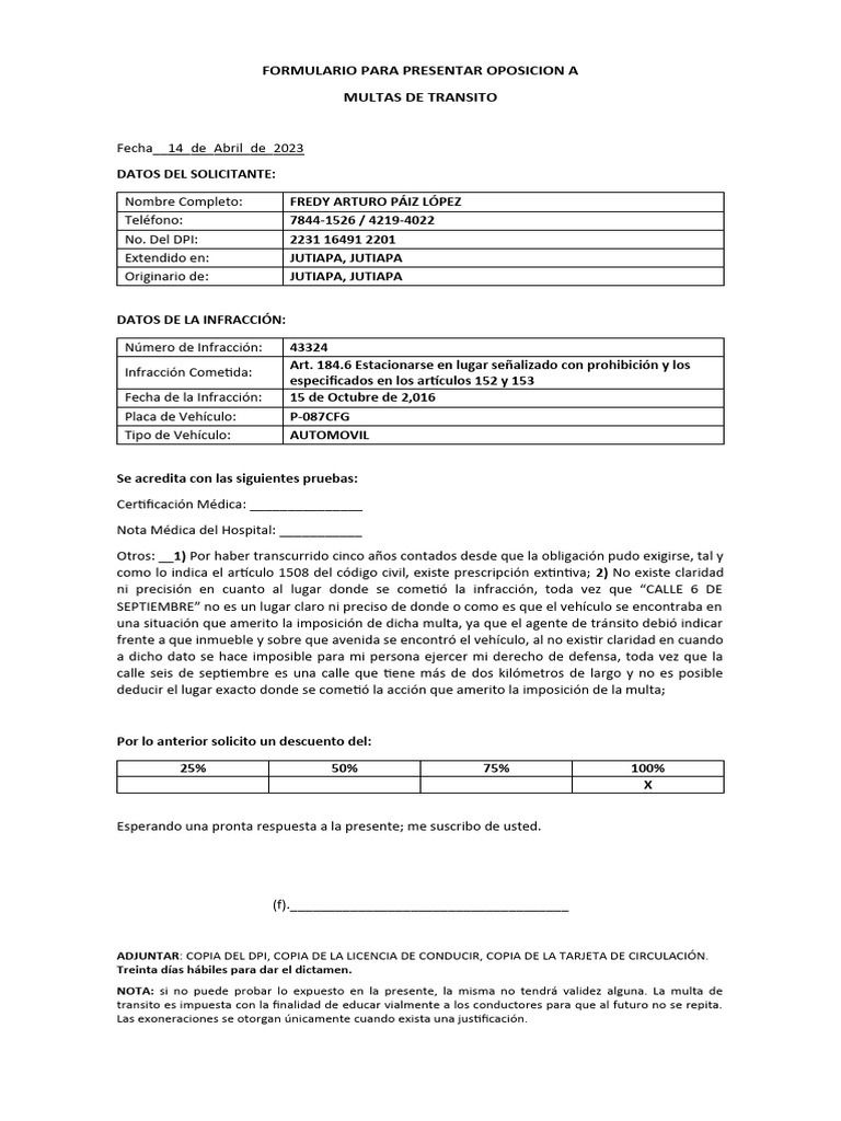 Formulario para Presentar Oposicion A Multa de Transito | PDF