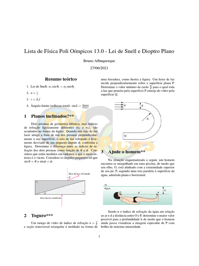 Lista 13.0 - Lei de Snell e Dioptro Plano | PDF | Refração | Radiação