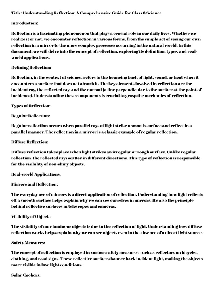 Title Understanding Reflection A Comprehensive Guide For Class 8 Science | PDF | Reflection ...