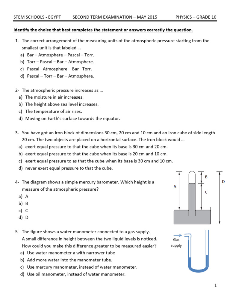 Grade 10 Physics Exam - Egypt | PDF | Pressure | Buoyancy