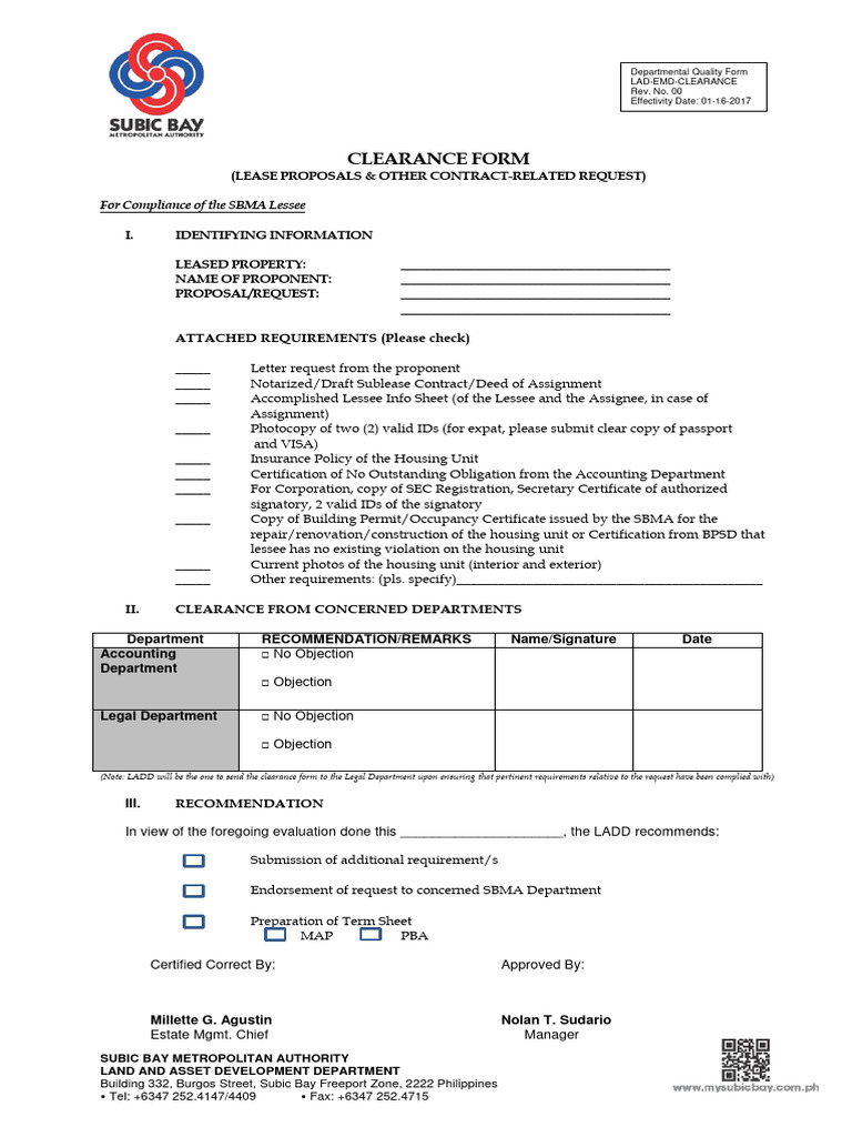SBMA Lease Proposal Clearance Form | PDF | Lease | Assignment (Law)