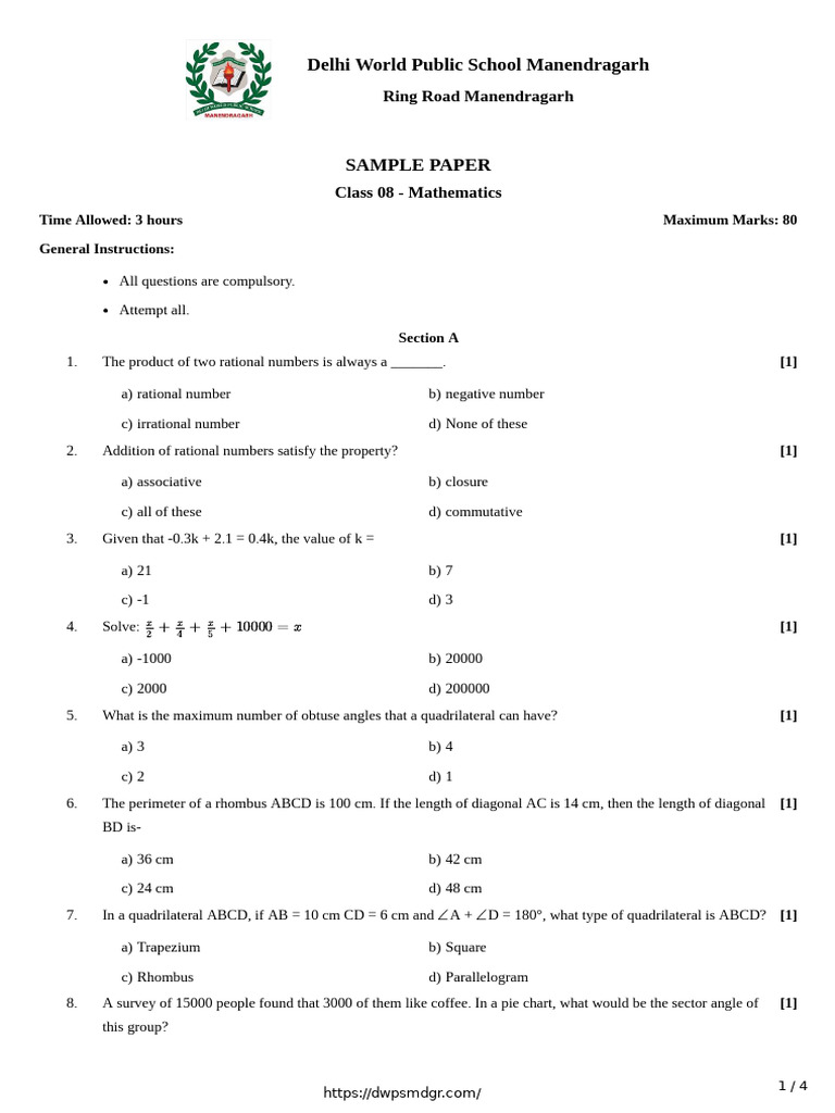 Class 8 Maths Sample Paper | PDF | Mathematics | Elementary Mathematics
