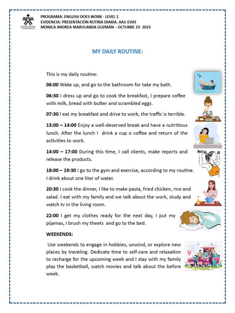 Actividad Presentación Rutina Diaria Monica Marulanda | PDF | Wellness