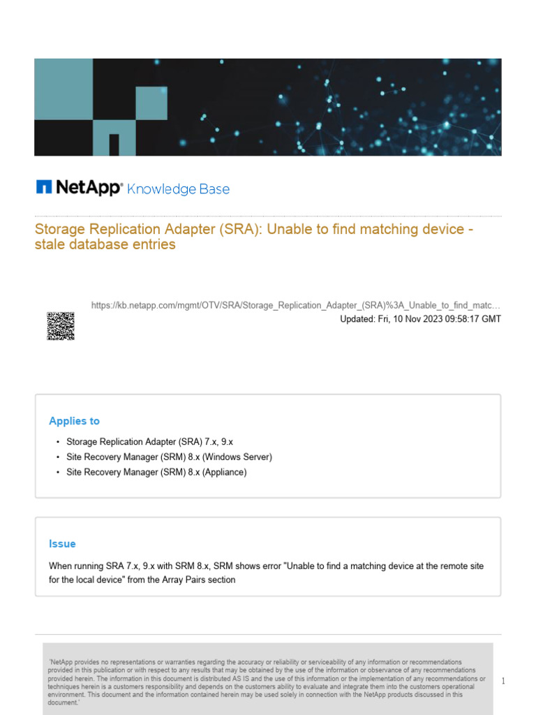 Storage Replication Adapter (SRA) - Unable To Find Matching Device - Stale Database Entries ...