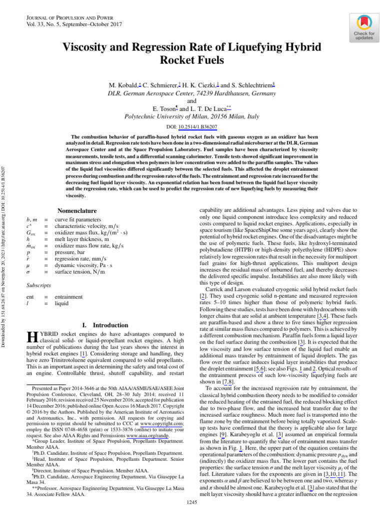 Kobald Et Al 2017 Viscosity and Regression Rate of Liquefying Hybrid Rocket Fuels | PDF ...