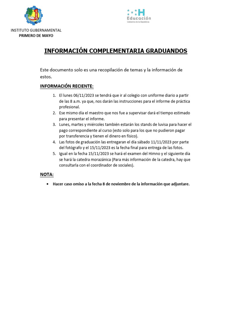 Información Complementaria Graduandos 2023 | PDF