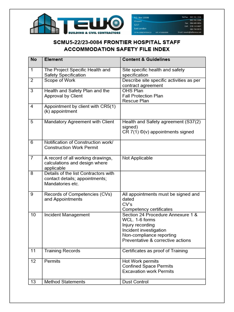 Health and Safety File Index | PDF | Occupational Safety And Health ...