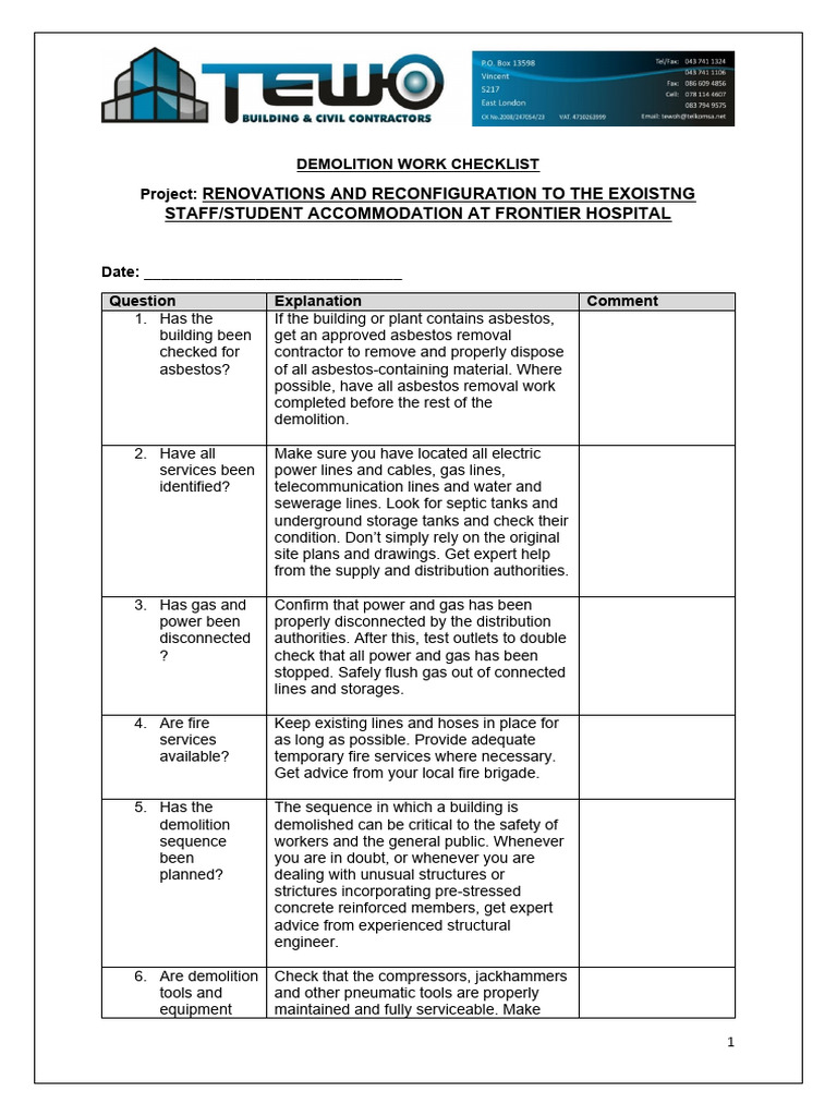 Demolition Work Checklist | PDF | Demolition | Scaffolding