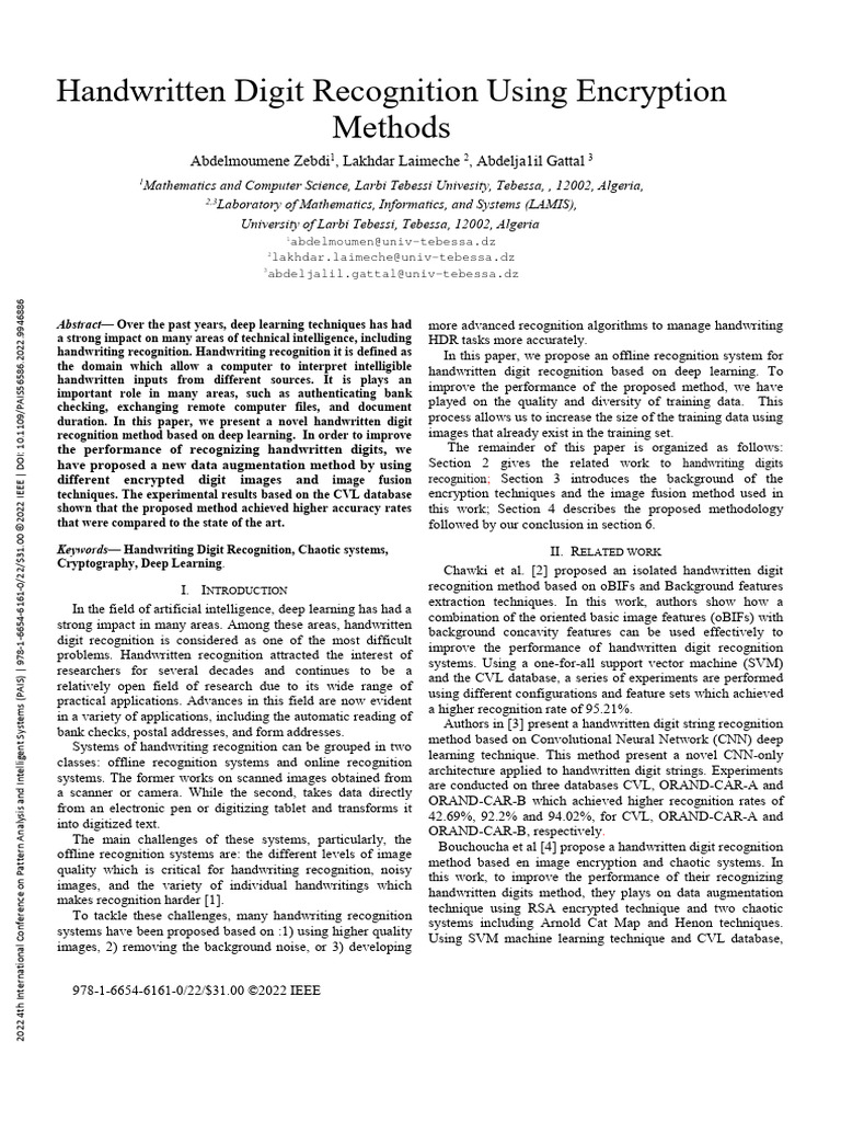 Handwritten Digit Recognition Using Encryption Methods Pdf Key