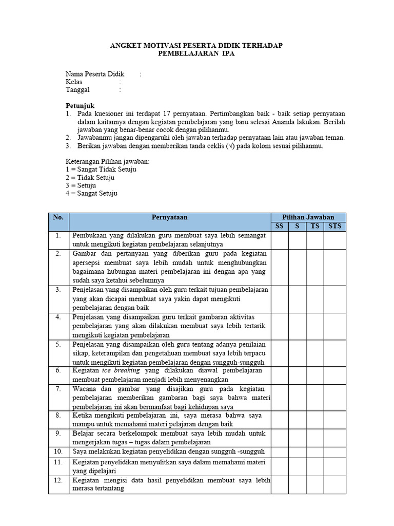 Angket Motivasi Peserta Didik Terhadap Pembelajaran Ipa | PDF