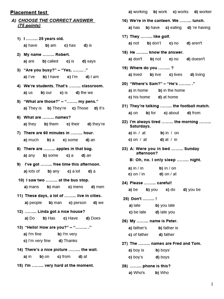 Placement Test A1a2 Grammar Drills - 32543 | PDF | Lunch