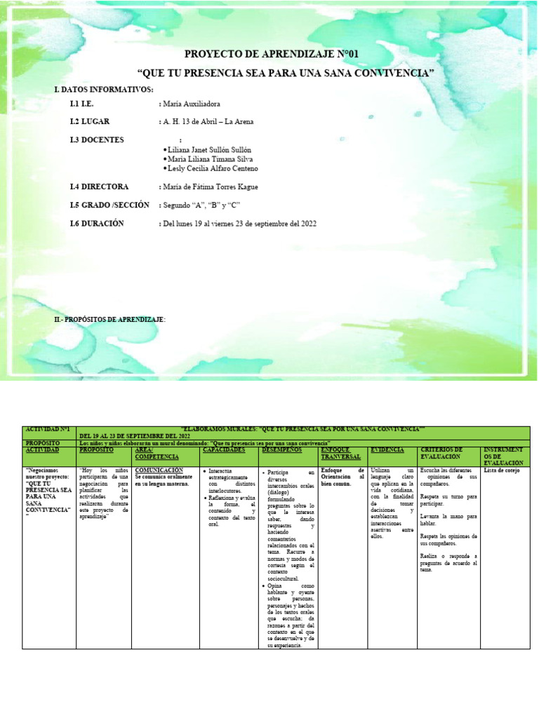 Proyecto de Aprendizaje N°01 - Convivencia | PDF | Amor | Dios