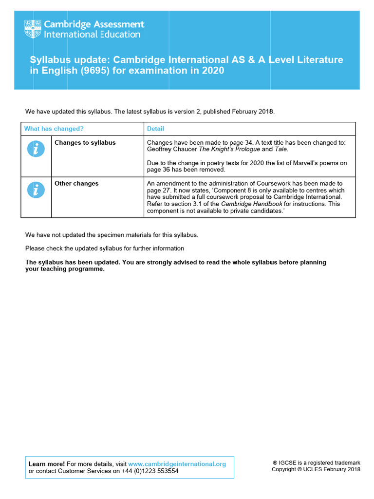 As & A Level English Literature (9695) - 2020-Syllabus-Update | PDF