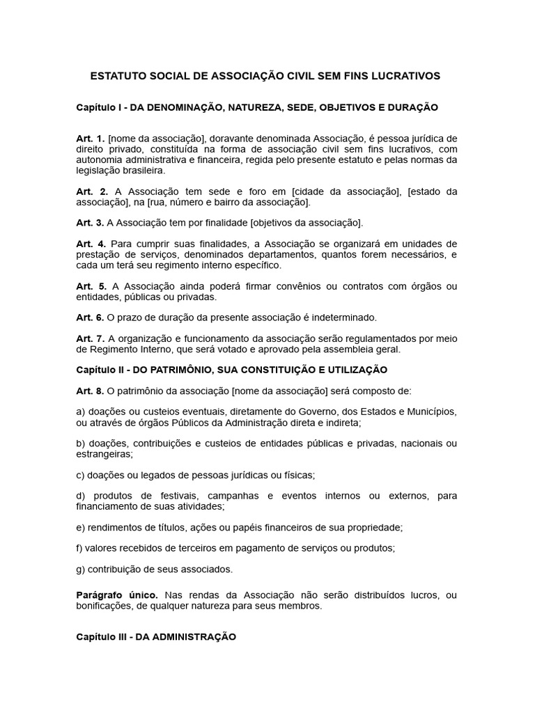 Modelo de Estatuto Social de Associação Civil Sem Fins Lucrativos | PDF ... Modelo de Estatuto Social de Associação Civil Sem Fins Lucrativos | PDF ...