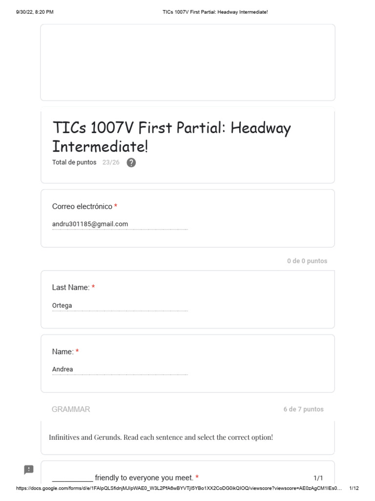 TICs 1007V First Partial - Headway Intermediate! | PDF | Linguistics