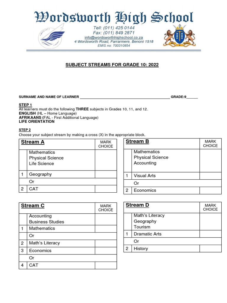 Subject Streams Selection Form For Grade 10 2022 and 2023 | PDF ...