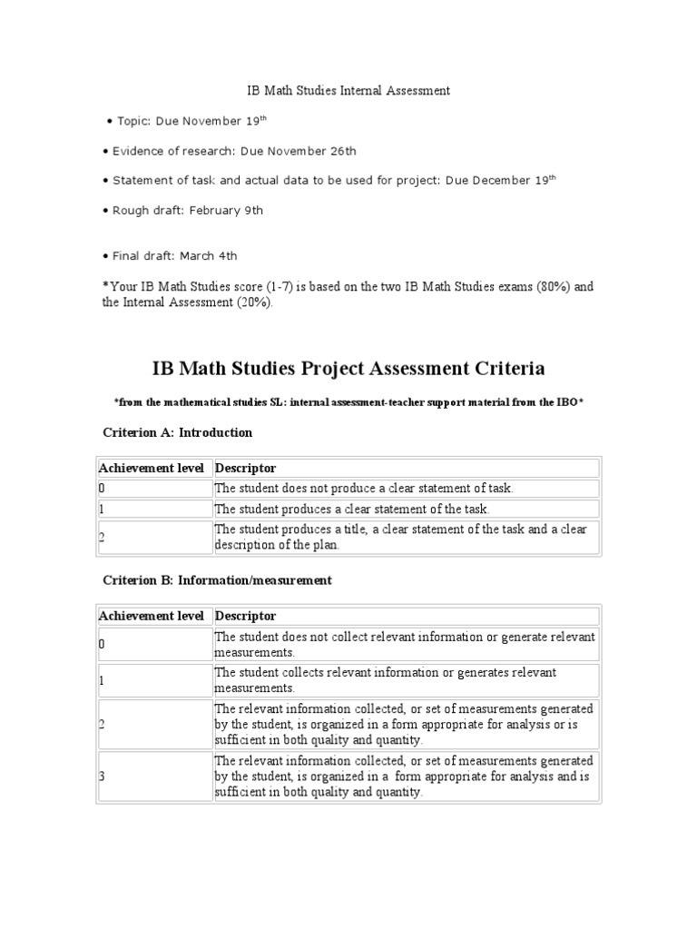 IB Math Studies Project Assessment Criteria | PDF | Sleep | Mean