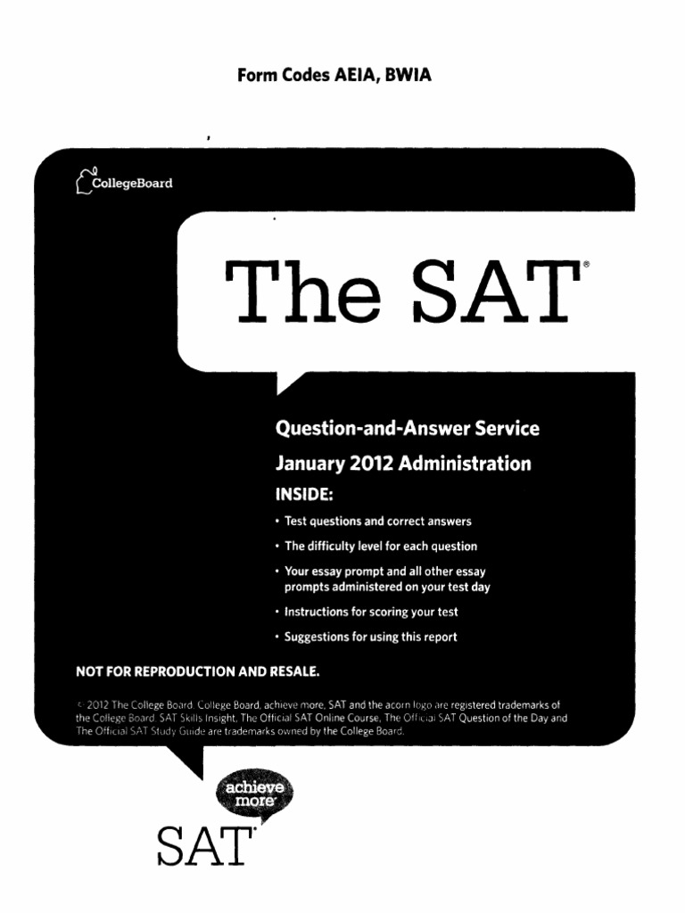 Sat January 2012 Form Codes Aeia Bwia | PDF | Sat | Essays
