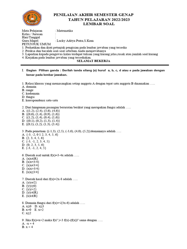 SOAL MTK KELAS 10 (Edit) | PDF