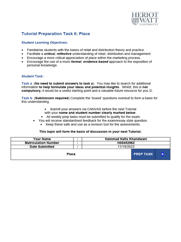 Prep Task 6 - Place | PDF | Logistics | Sales