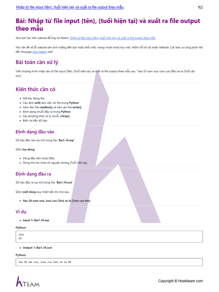 HOWKTEAM.vn - Nhập Từ File Input (Tên), (Tuổi Hiện Tại) Và Xuất Ra File Output Theo Mẫu | PDF