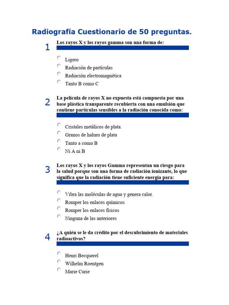 Radiografía Cuestionario de 50 Preguntas | PDF | Rayo X | Rayo gamma