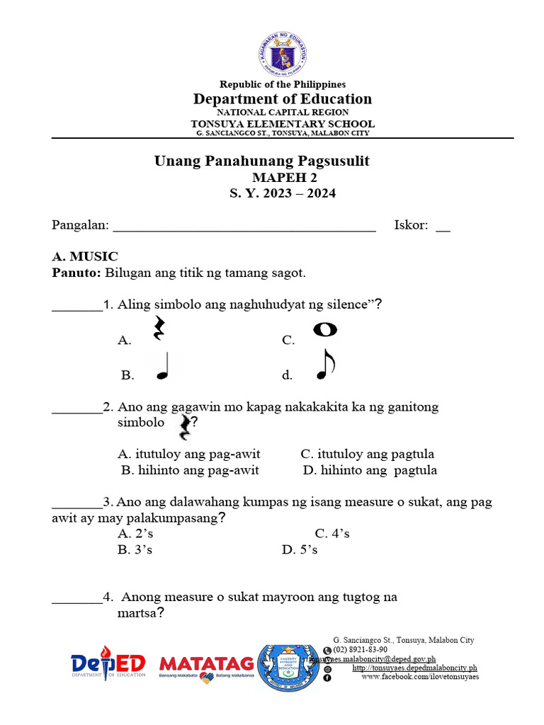 Mapeh 2 Unang Panahunang Pagsusulit 2023 2024 New Template | PDF