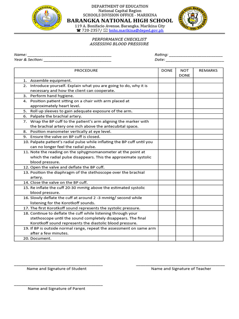 PERFORMANCE CHECKLIST - BP Taking | PDF | Medical Specialties | Cardiovascular System