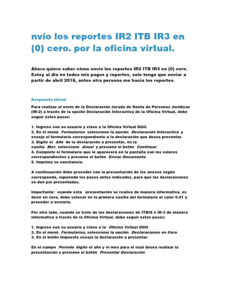 Cómo enviar reportes IR2 ITBIS IR3 en cero | PDF | Impuesto sobre la ...