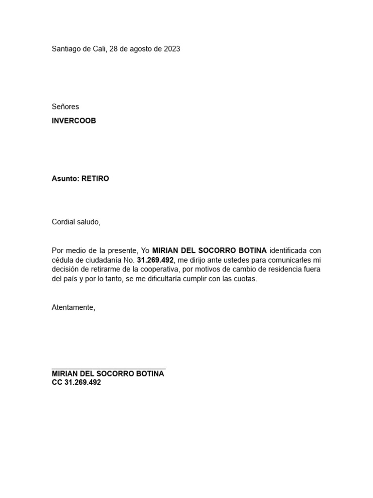 Carta Solicitud de Retiro | PDF