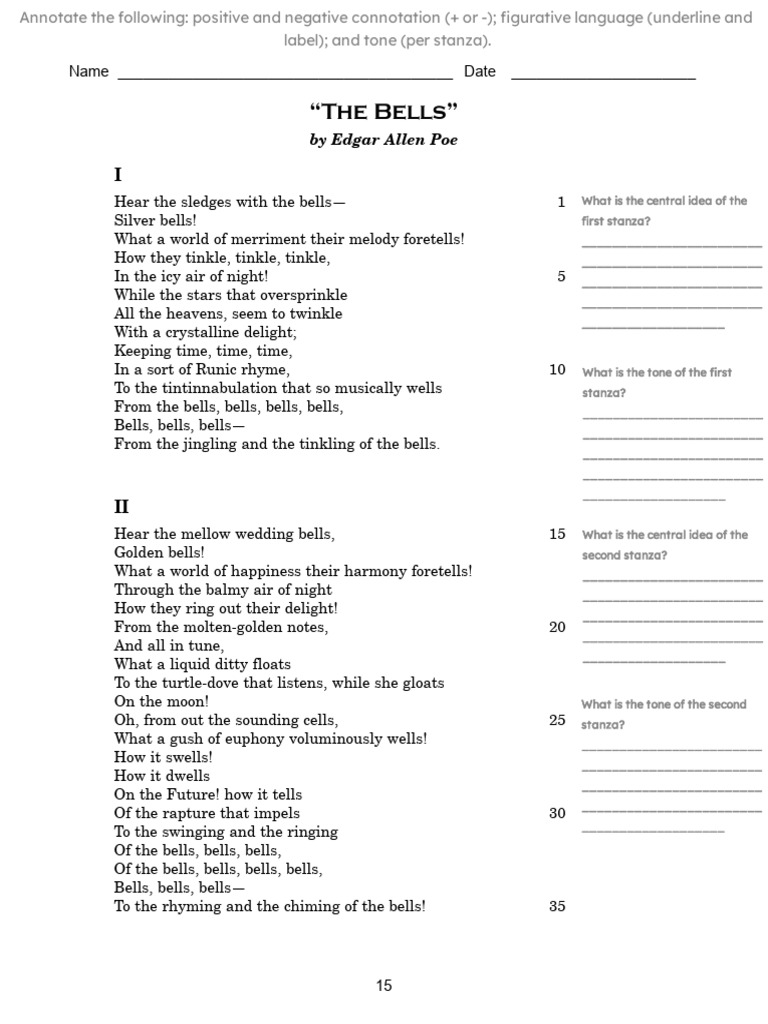 The Bells - Edgar Allan Poe - Student Copy - Both - PDF | PDF | Poetry ...