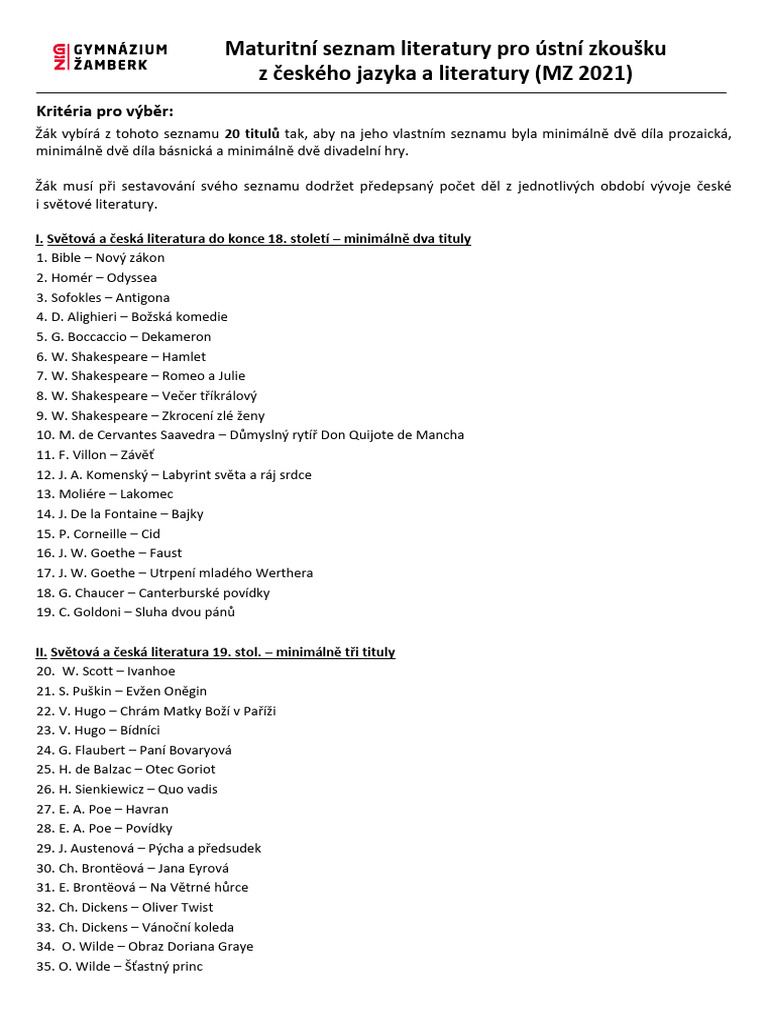 Maturitni Seznam Literatury 2021 | PDF