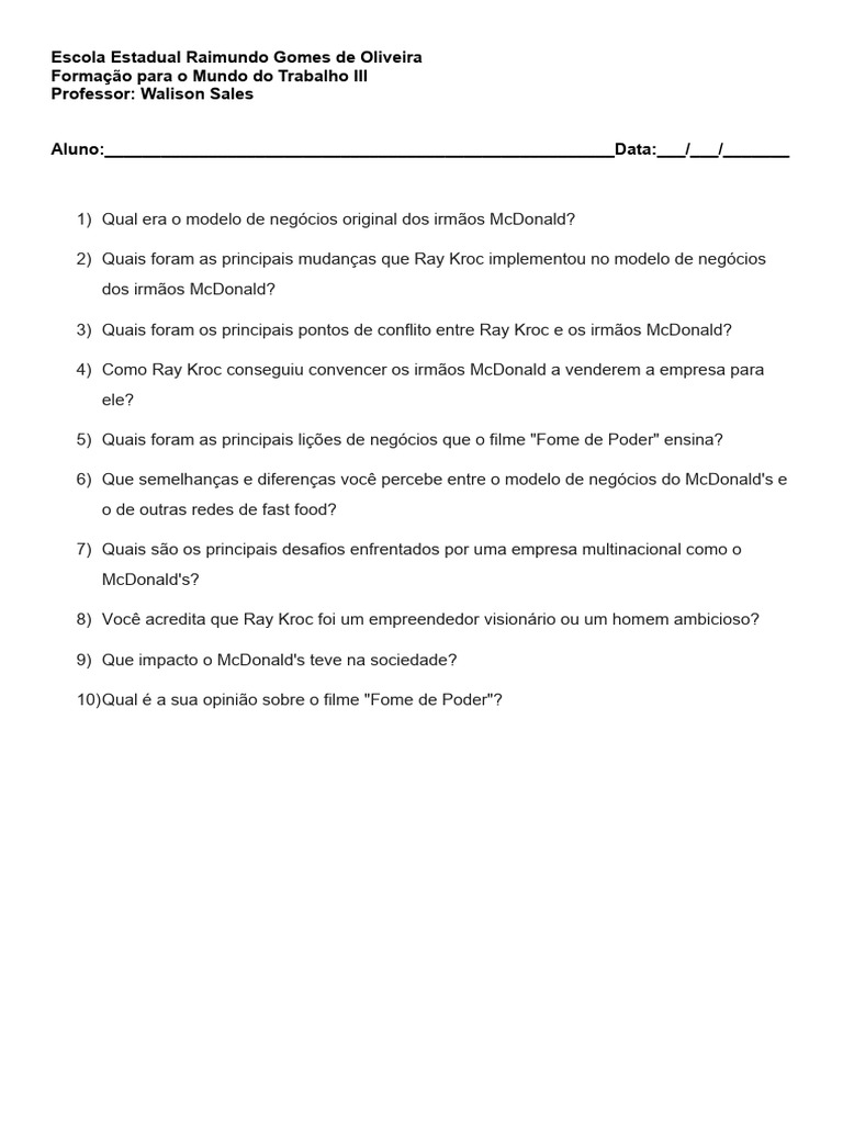 Atividade 5 - Filme Fome de Poder | PDF