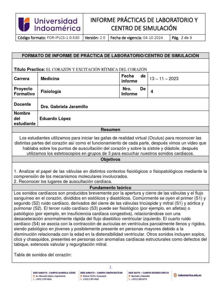 Informe Prácticas de Laboratorio y Centro de Simulación | PDF | Ventrículo (corazón) | Corazón