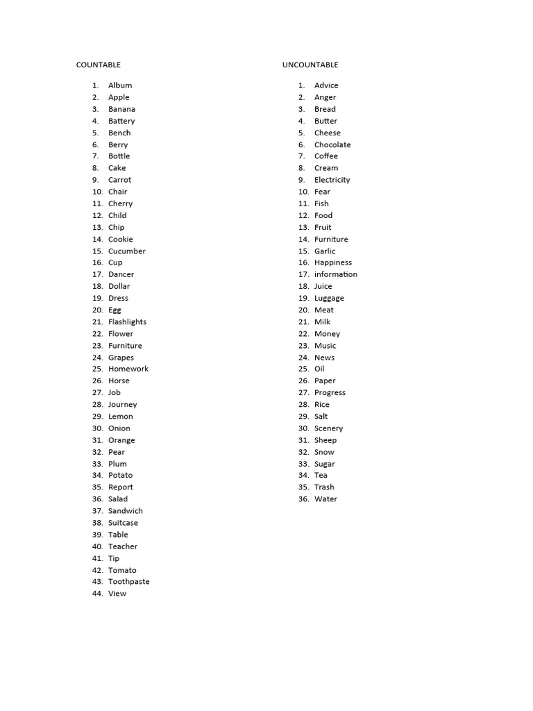 Lista de Palabras Contables e Incontables | PDF