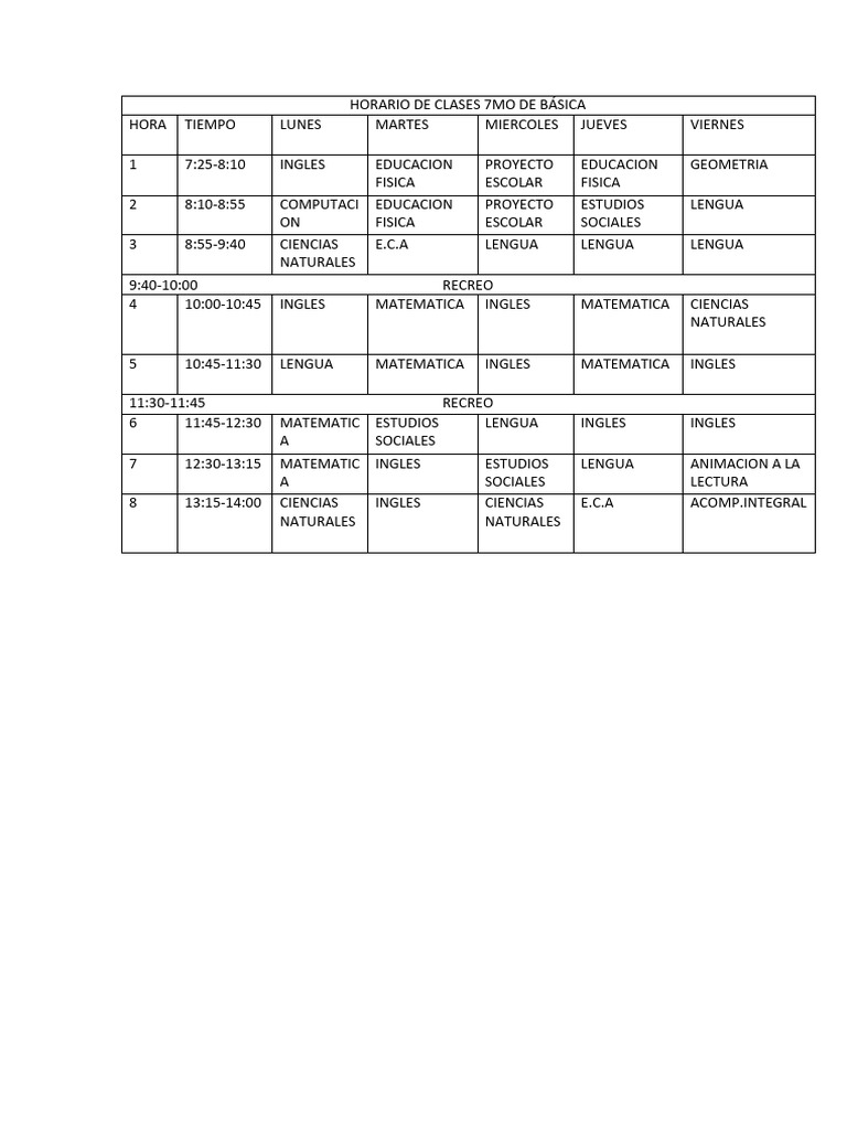 Horario de Clases 7mo de Básica | PDF