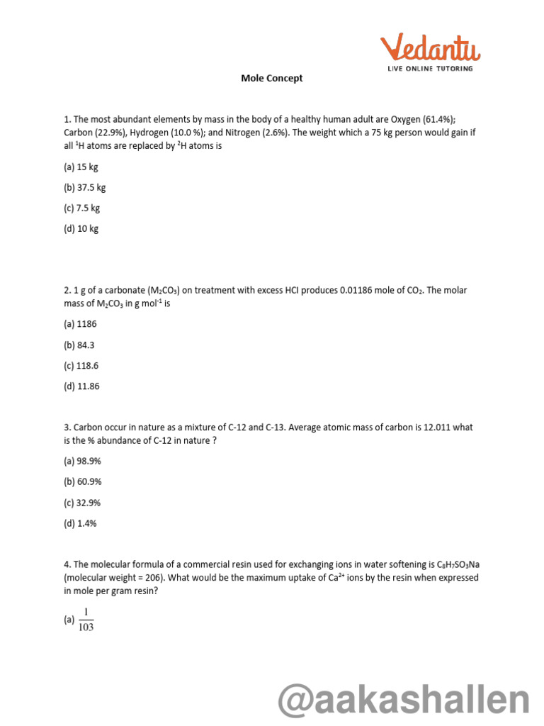 Mole Concept and Chemical Calculations | PDF | Mole (Unit) | Chemical ...