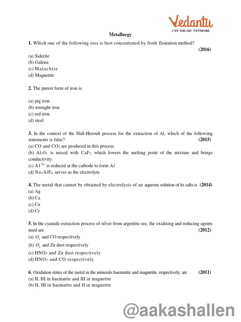 JEE - Chemistry - Metallurgy | PDF | Iron | Cyanide