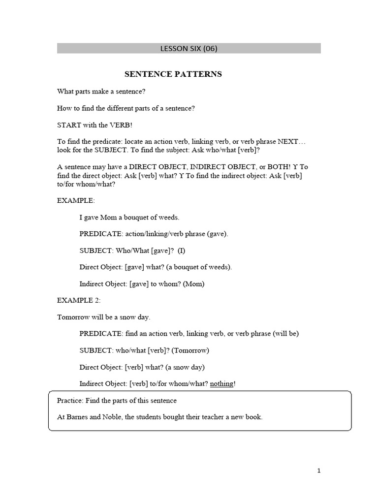 Sentence Patterns and Structure Guide | PDF | Verb | Subject (Grammar)