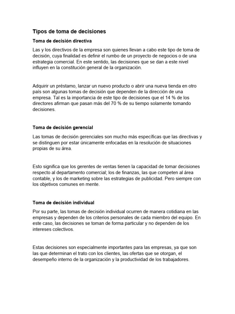 Tipos de Toma de Decisiones | PDF | Business | Toma de decisiones