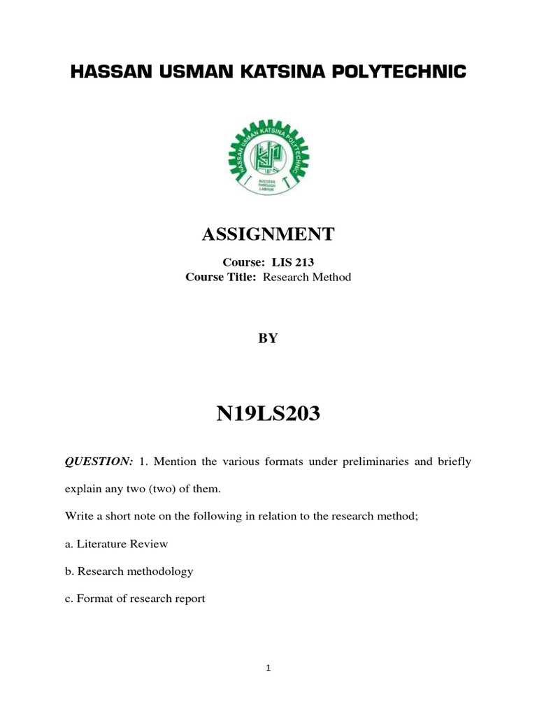 Hassan Usman Katsina Polytechnic: Assignment | PDF | Methodology ...