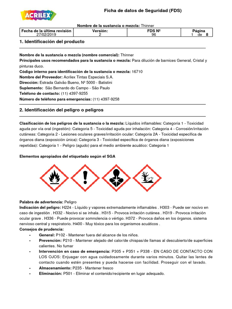 Ficha de Seguridad del Thinner 16710 | PDF | Química | Ciencias fisicas